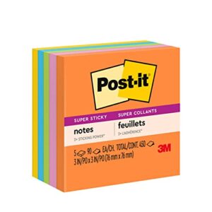 post-it super sticky notes, 3x3 in, 5 pads, 2x the sticking power, energy boost collection, bright colors, recyclable (654-5ssuc)