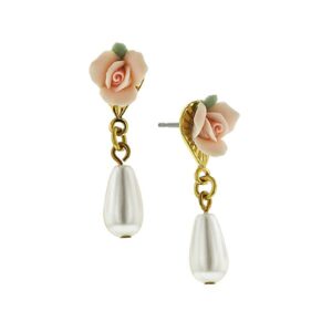 1928 jewelry women's pink porcelain rose faux pearl drop earrings