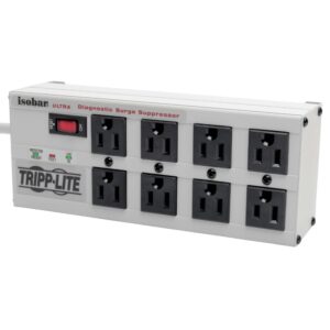 tripp lite isobar 8 outlet surge protector power strip, 25ft long cord, right-angle plug, metal, & $50,000 insurance (isobar825ultra) gray