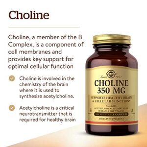 Solgar Choline 350 mg, 100 Vegetable Capsules - Supports Healthy Brain & Cellular Function - Vegan, Gluten and Dairy Free, Kosher - 100 Servings