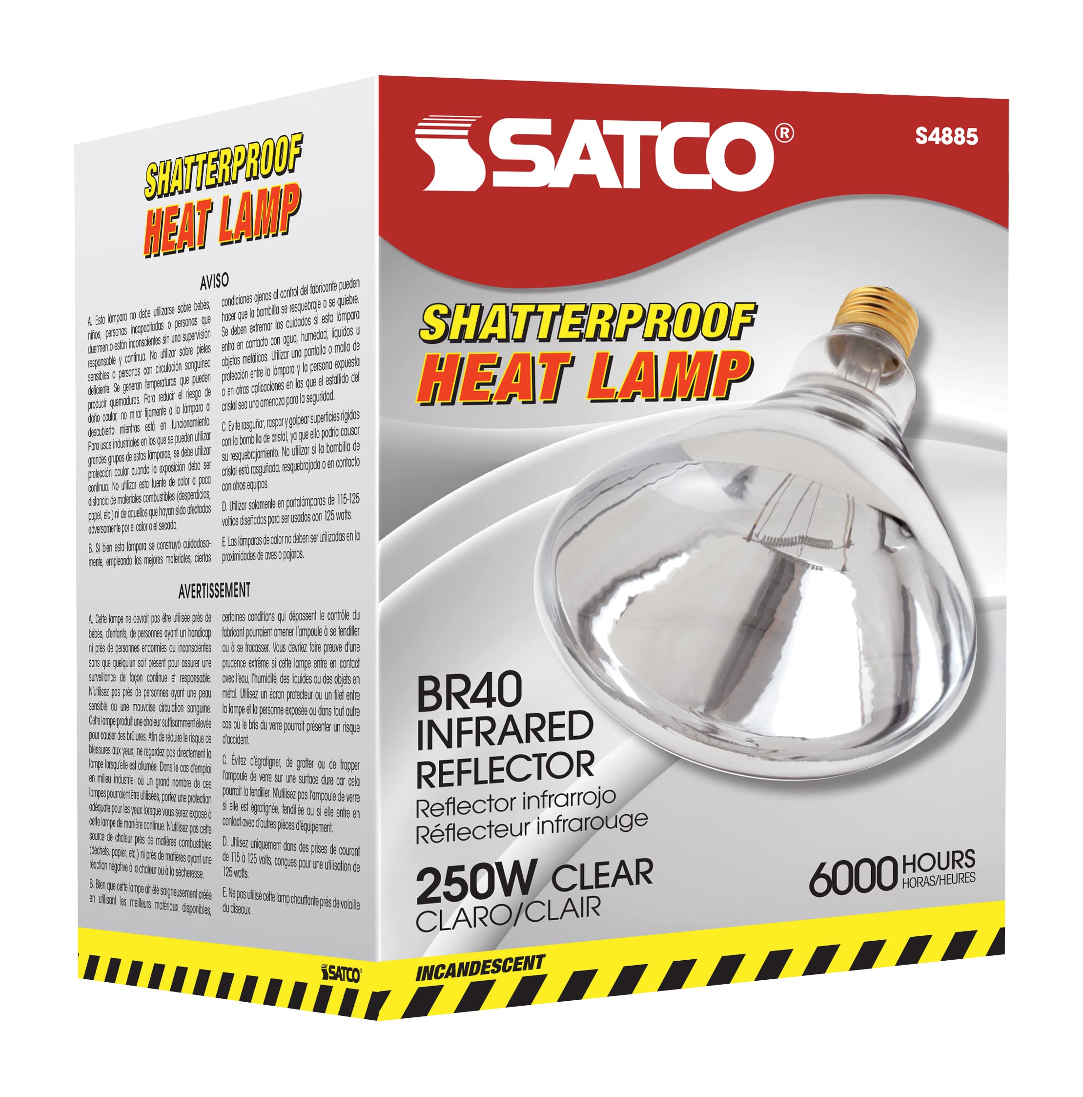 Satco S4885 120V 250 Watt R40 Medium Base Shatterproof Heat Lamp, Clear