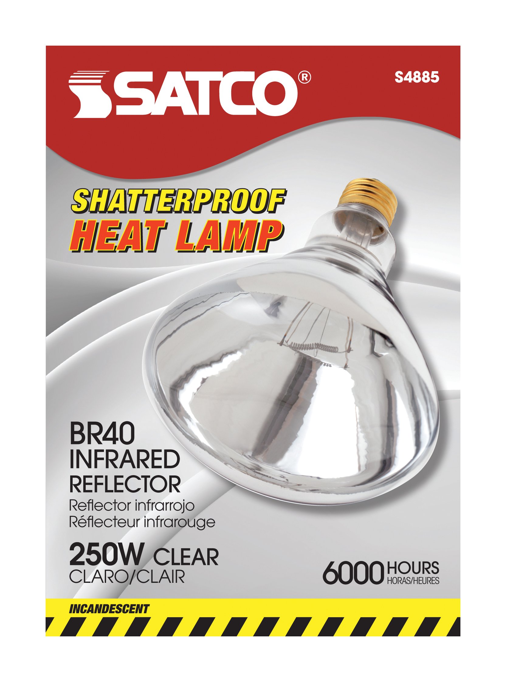 Satco S4885 120V 250 Watt R40 Medium Base Shatterproof Heat Lamp, Clear