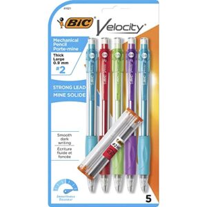 bic velocity strong lead mechanical pencils, with colorful barrel, thick point (0.9mm), 5-count pack mechanical pencils with erasers