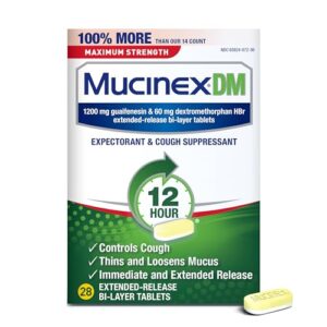 mucinex dm 12hr maximum strength chest congestion & cough medicine for adults, cold and cough medicine for excess mucus relief, 1200 mg guaifenesin & 60 mg dextromethorphan hbr, 28 bi-layer tablets