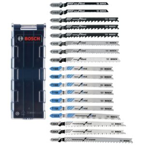 bosch t-shank jig saw blade set t18chcl, 18 pieces, 3-1/4'' - 5-1/4'', 5-24 tpi, in brute tough case, for wood, metal and all purpose/multi-material