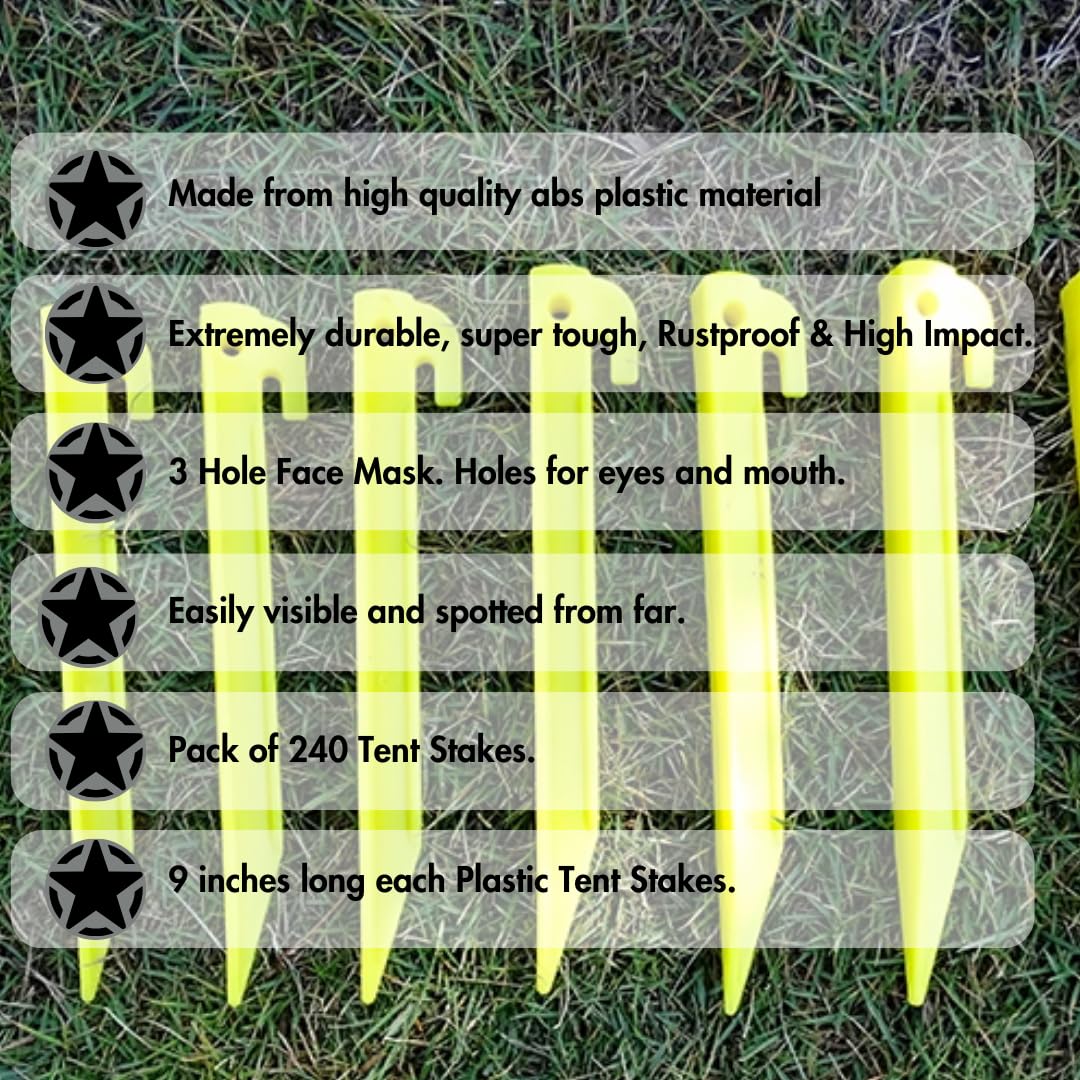 240-Pack Bright Yellow 9" Durable Plastic Tent Pegs Spikes Hook - Heavy Duty Camping Tent Stakes for Secure Tent Setup and Outdoor Adventures