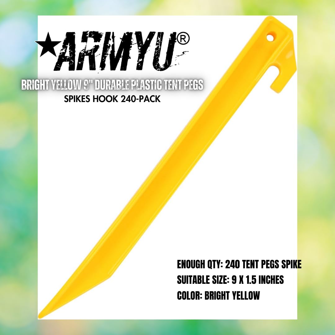 240-Pack Bright Yellow 9" Durable Plastic Tent Pegs Spikes Hook - Heavy Duty Camping Tent Stakes for Secure Tent Setup and Outdoor Adventures