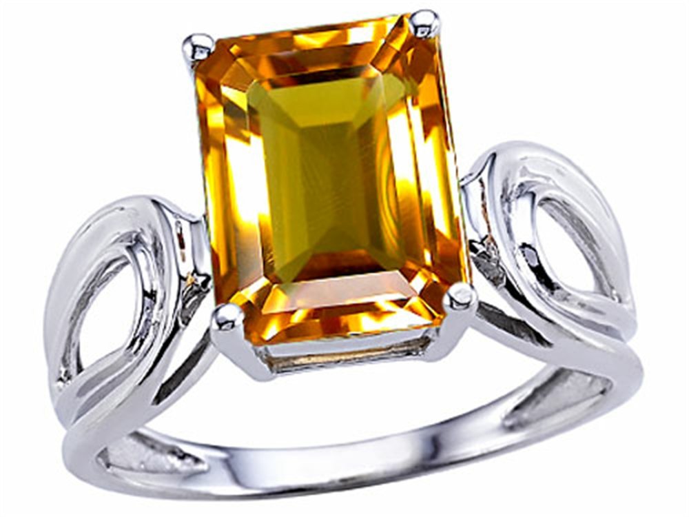 Tommaso Design Emerald Cut 10x8 mm Genuine Large Citrine Ring 14 kt White Gold Size 8