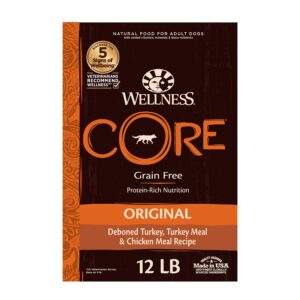 wellness core grain-free high-protein dry dog food, natural ingredients, made in usa with real meat, all breeds, for adult dogs (original turkey & chicken, 12-pound bag)