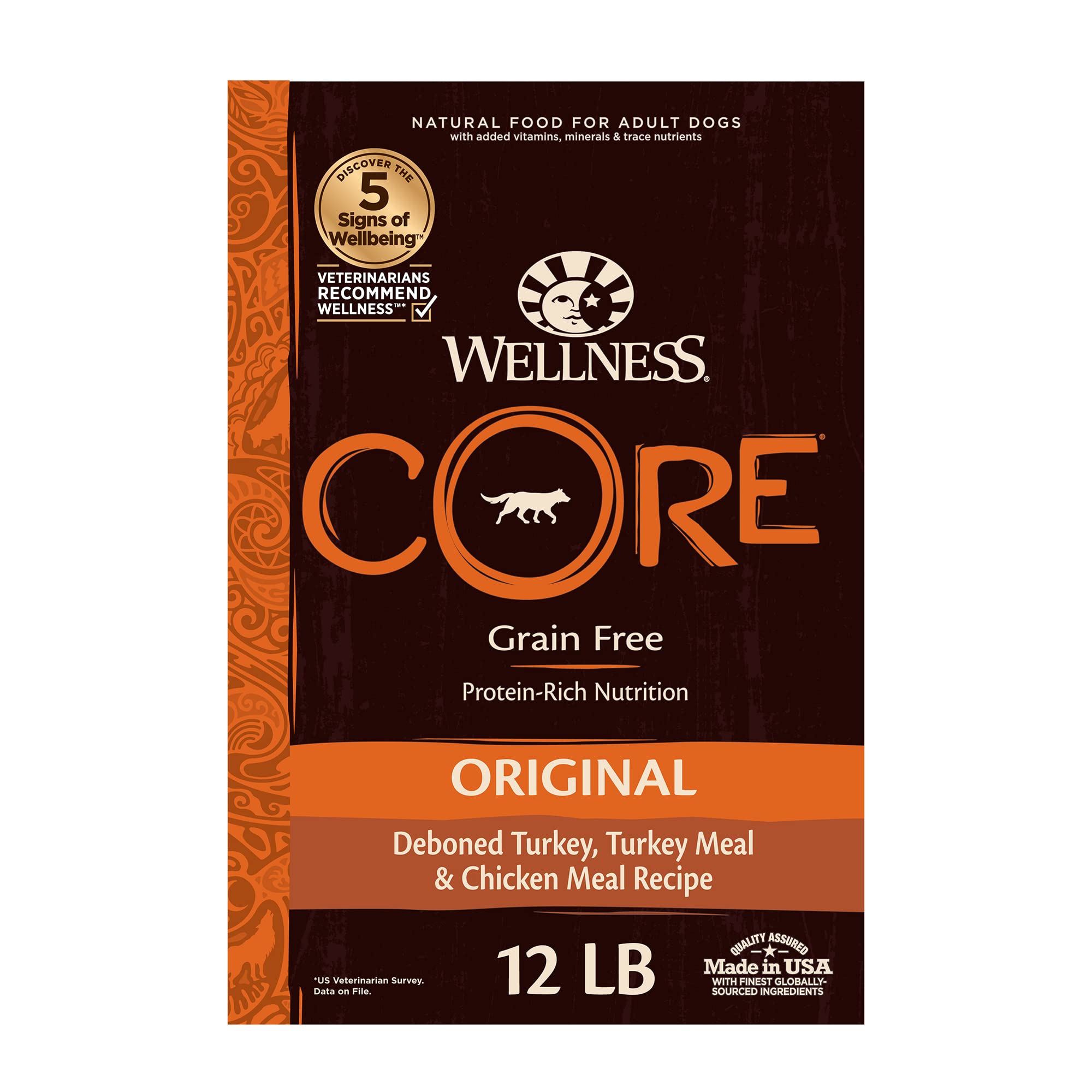 Wellness CORE Grain-Free High-Protein Dry Dog Food, Natural Ingredients, Made in USA with Real Meat, All Breeds, For Adult Dogs (Original Turkey & Chicken, 12-Pound Bag)