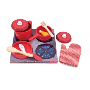 melissa & doug deluxe wooden kitchen accessory set - pots & pans (8 pcs) , green , h: 12 x w: 12 x d: 5