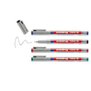 edding 150 s non-permanent pen - set of 4 - black, red, blue, green - round nib 0.3 mm - pen for writing on glass, plastic, foils and smooth surfaces - quick-drying, can be corrected with water