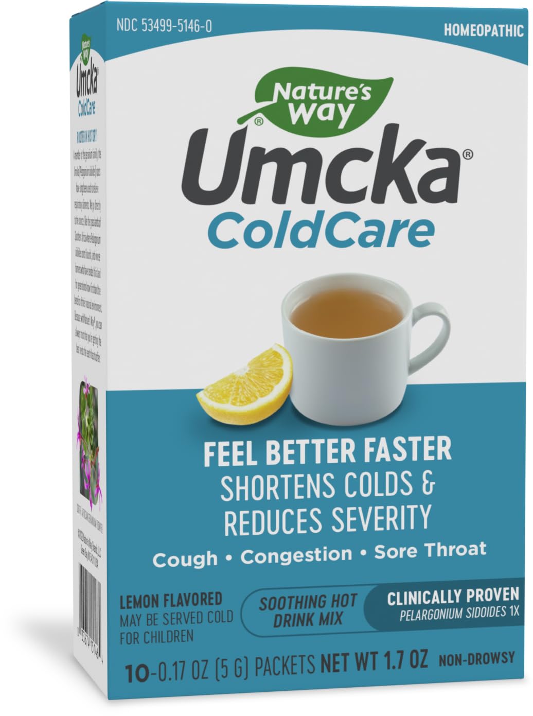 Nature's Way Umcka ColdCare Soothing Hot Drink - Homeopathic – With Pelargonium sidoides 1X- Helps Shorten Duration of Colds - Soothing Lemon Flavored - Suitable for Ages 6+ - 10 Packets