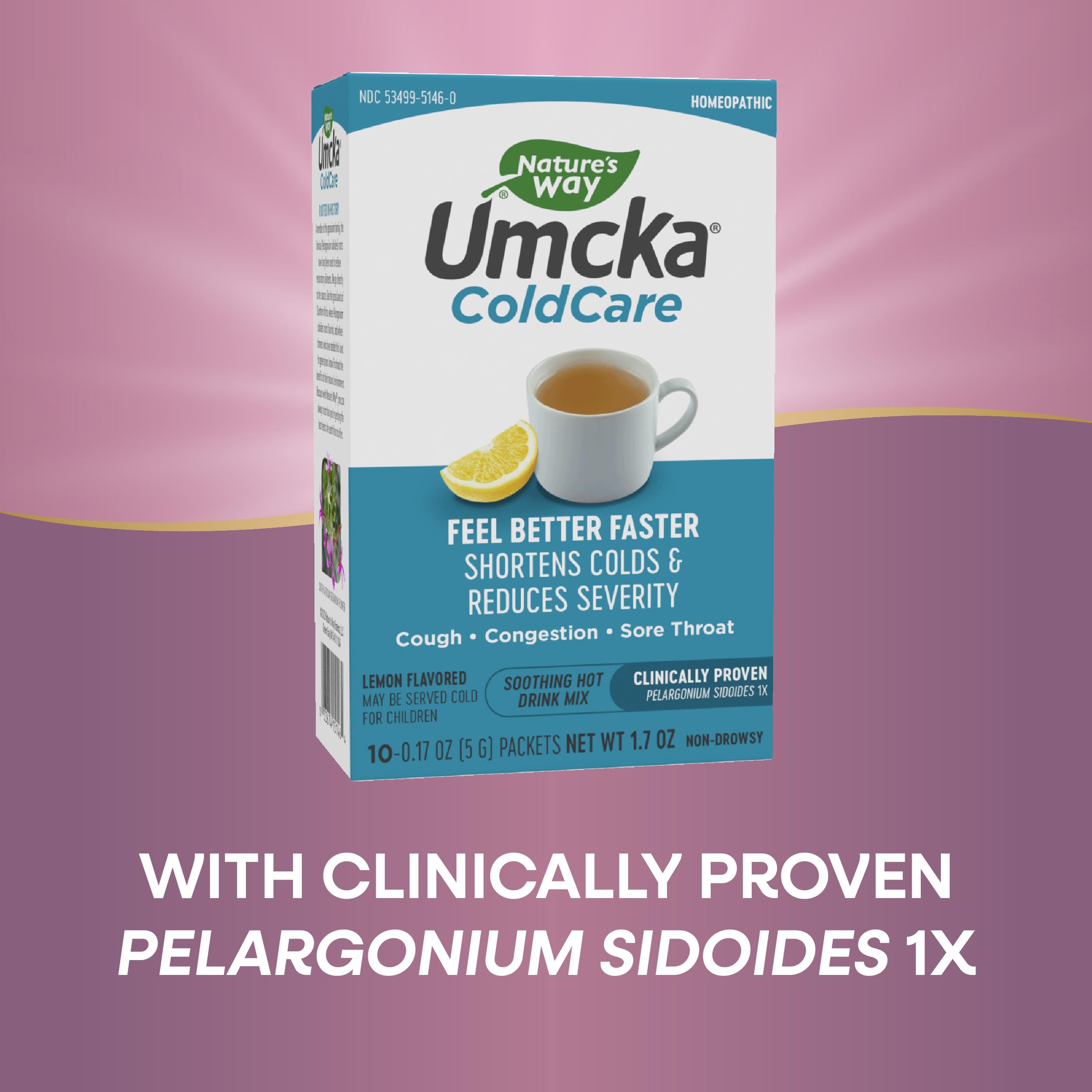 Nature's Way Umcka ColdCare Soothing Hot Drink - Homeopathic – With Pelargonium sidoides 1X- Helps Shorten Duration of Colds - Soothing Lemon Flavored - Suitable for Ages 6+ - 10 Packets