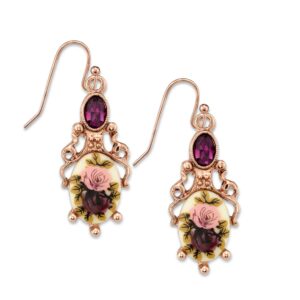 1928 jewelry women's rose gold tone manor house floral stone & purple crystal drop earrings