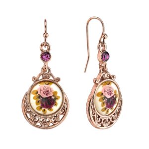 1928 jewelry women's rose gold tone manor house purple & pink rose flower amethyst crystal drop earrings