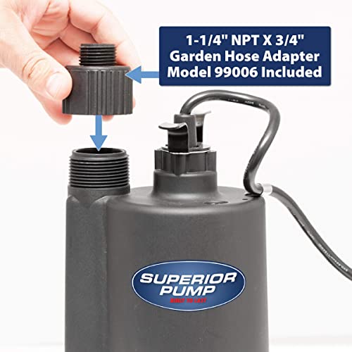 Superior Pump 91250 1800GPH Thermoplastic Submersible Utility Pump with 10-Foot Cord, 1/4 HP