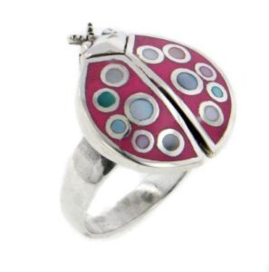 pink enameled polka dot shell ladybug sterling silver ring size 8(sizes 6,7,8,9,10)