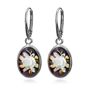 amber sterling silver cameo oval leverback small flower earrings