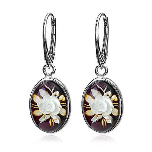 Amber Sterling Silver Cameo Oval Leverback Small Flower Earrings