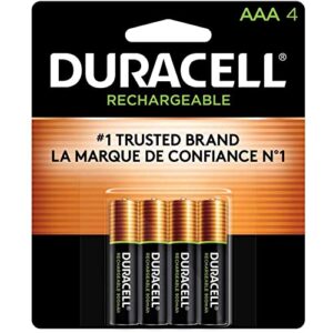 duracell rechargeable aaa batteries, 4 count pack, triple a battery for long-lasting power, all-purpose pre-charged battery for household and business devices