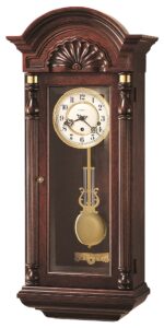 howard miller jennison wall clock 612-221 – vintage mahogany finish, vintage home decor, brass-finished lyre pendulum, key-wound, triple-chime movement