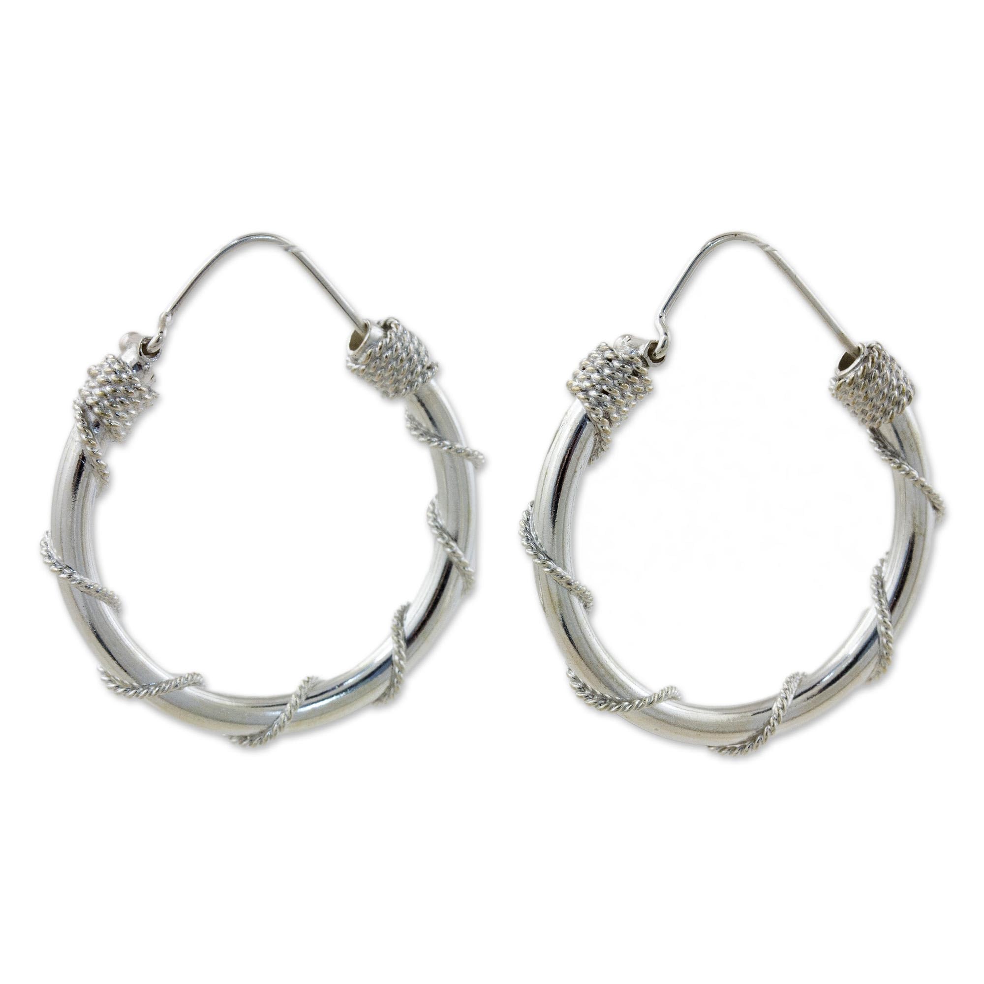 NOVICA Artisan Handmade Sterling Silver Hoop Earrings Fair Trade No Stone Thailand [1.2 in L x 1.2 in W] ' Nautical Hoops'