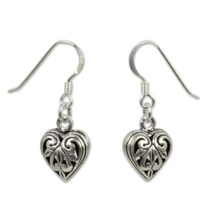 novica artisan handmade sterling silver heart earrings romantic dangle no stone thailand [1.2 in l x 0.4 in w x 0.2 in d] ' filigree heart'