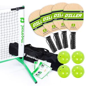 pickle-ball, inc. diller pickleball set with 3.0 portable tournament net and carry bag, diller paddles, pickleballs, rule sheet (neon balls)