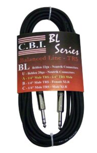 cbi bl2a 1/4" trs to 1/4" trs balanced guitar instrument cable, 10 feet