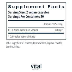 Vital Nutrients - Alpha Lipoic Acid - Multi-Purpose Nutrient with Powerful Antioxidant Properties - 60 Vegetarian Capsules per Bottle - 200 mg