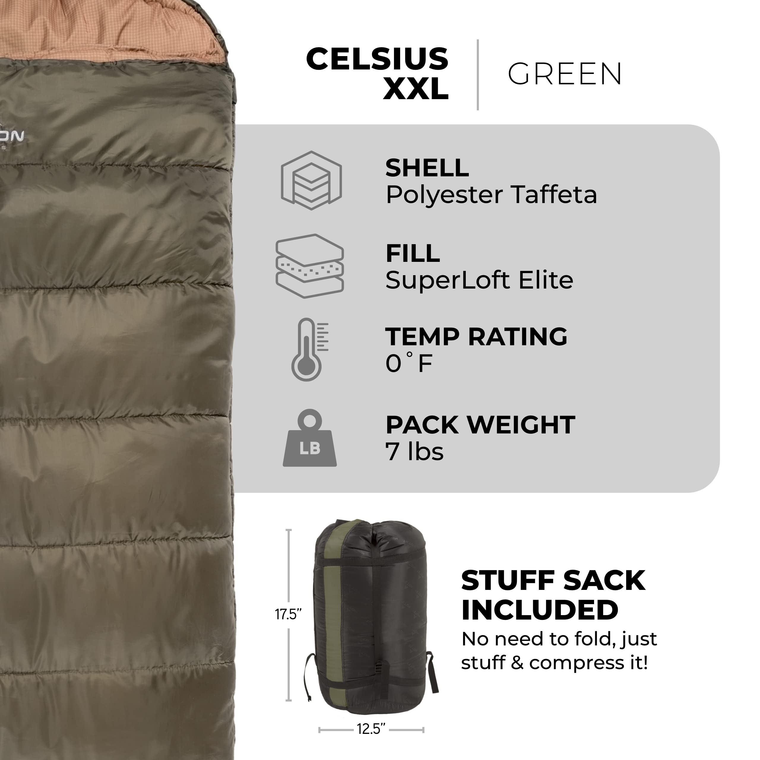 TETON Sports Celsius XXL 0 Degree Sleeping Bag - 0˚F Cold-Weather Sleeping Bag for Adults– Camping Made Easy….and Warm. Compression Sack Included