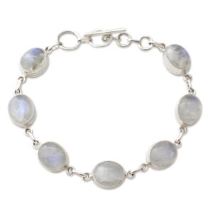 novica artisan handmade rainbow moonstone link bracelet sterling silver white india birthstone [7 in min l x 7.75 in max l 8 mm w] ' mysteries'