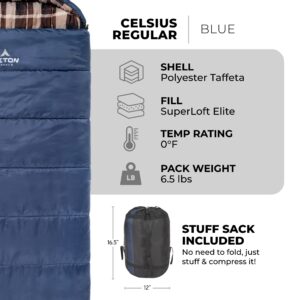 TETON Sports Celsius XL 0F Sleeping Bag; Great for Family Camping; Free Compression Sack, Blue - Right Zip