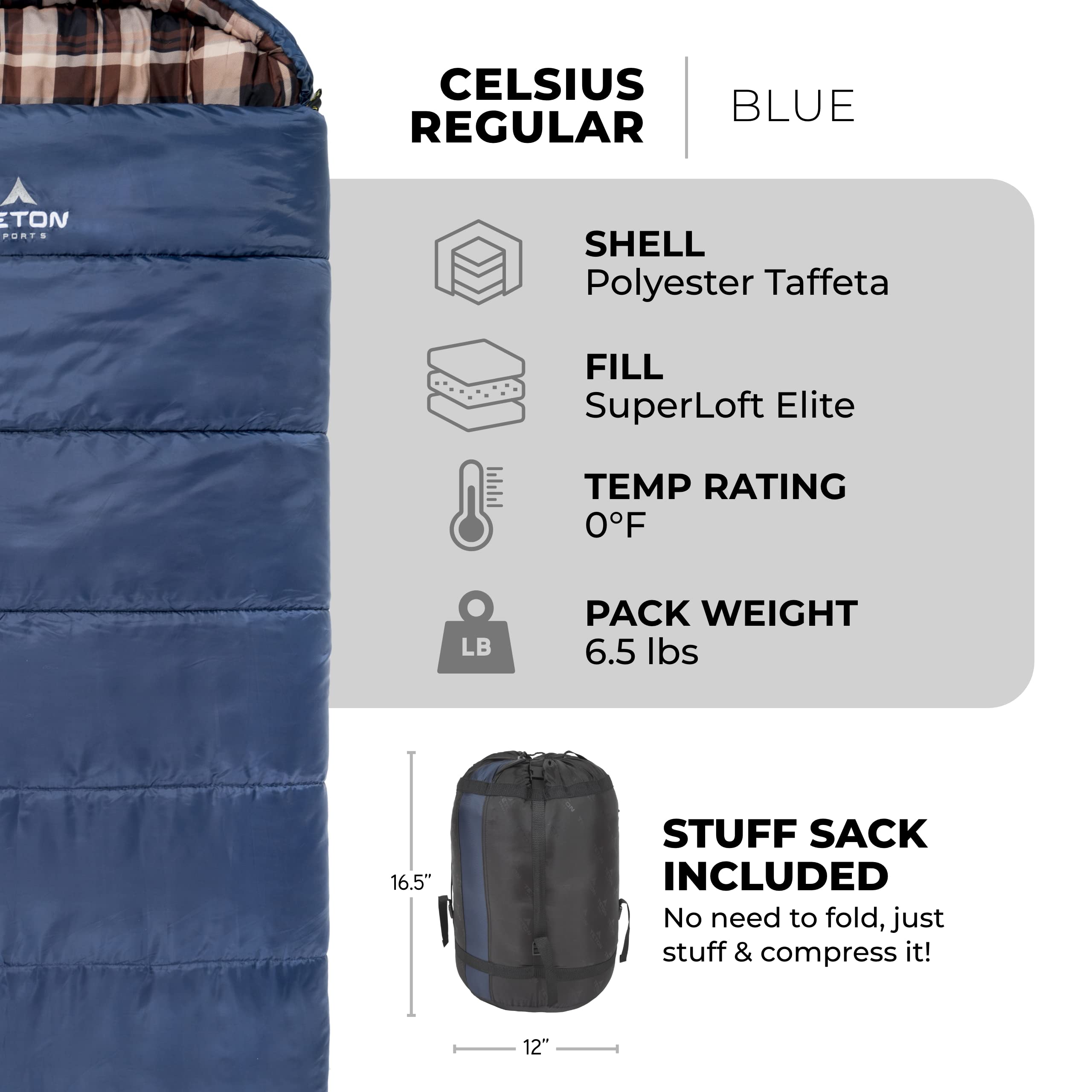 TETON Sports Celsius XL 0F Sleeping Bag; Great for Family Camping; Free Compression Sack, Blue - Right Zip