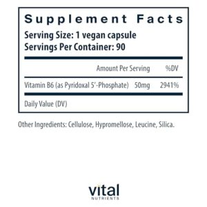 Vital Nutrients Pyridoxal-5 Phosphate | Activated Vitamin B6 | Methylated B6 for Metabolism, PMS, and Menstrual Support* | High-Potency P5P Supplement | Gluten, Dairy, Soy Free | 90 Capsules