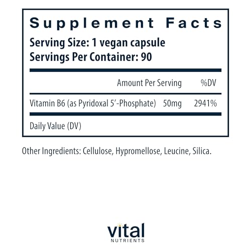 Vital Nutrients Pyridoxal-5 Phosphate | Activated Vitamin B6 | Methylated B6 for Metabolism, PMS, and Menstrual Support* | High-Potency P5P Supplement | Gluten, Dairy, Soy Free | 90 Capsules