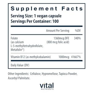 Vital Nutrients Vitamin B12 & Methyl Folate | Vegan Methylated Folate and B12 Supplement | Supports Nervous System & Metabolism* | High-Potency B12 Vitamins * | Gluten, Dairy, Soy Free | 100 Capsules