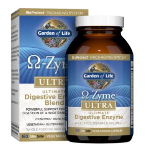 garden of life vegetarian digestive supplement - omega zyme ultra enzyme blend for digestion, bloating, gas, and ibs, 180 capsules