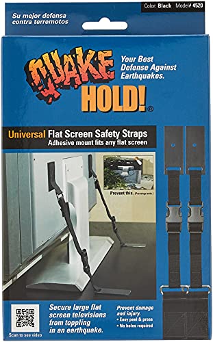 QuakeHOLD! Universal Flat Screen TV Safety Straps, Nylon Anti-Tip Adhesive Straps, Earthquake Protection, For TVs and Furniture, Child Proofing for Home Safety, Easy Installation, Black, 1 Pack