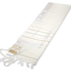 100% Wool Tallit Prayer Shawl in White and Gold Stripes Size 24" L X 72" W