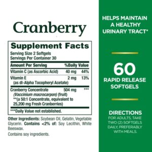 Nature's Bounty Cranberry Dietary Supplement, Supports Urinary Tract and Immune Health, Softgels, 25,200 Mg, 60 Ct