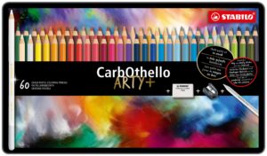 chalk-pastel artist colored pencil - stabilo carbothello - arty+ - tin set of 60 colors + eraser, sharpener, blender - watercolor effects, sketching, drawing, coloring