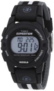 timex unisex expedition digital cat 33mm watch – black case with black & gray striped fabric strap