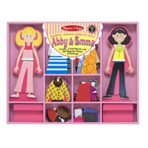 melissa & doug abby and emma deluxe magnetic wooden dress-up dolls play set (55+ pcs) magnetic paper dolls for kids ages 3+