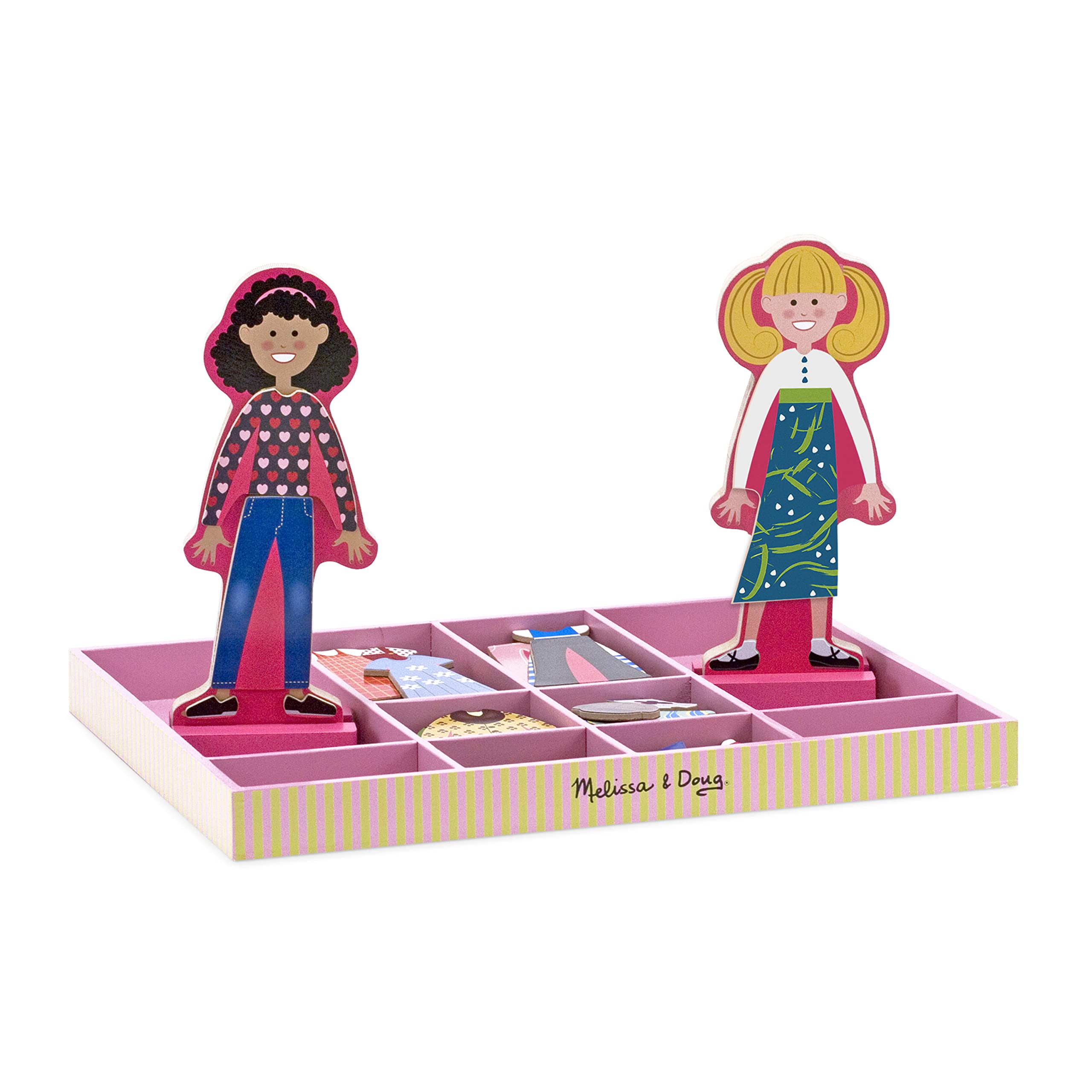 Melissa & Doug Abby and Emma Deluxe Magnetic Wooden Dress-Up Dolls Play Set (55+ pcs) Magnetic Paper Dolls for Kids Ages 3+