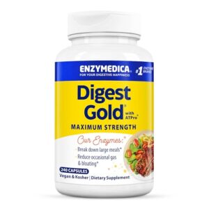 enzymedica digest gold + atpro, maximum strength digestive enzymes, helps digest large meals for instant bloating relief, 240 count