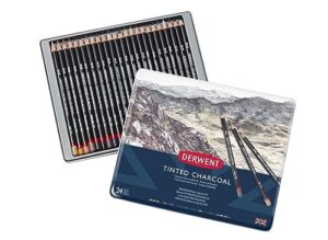 derwent tinted charcoal pencils, 4mm core, metal tin, 24 count (2301691)