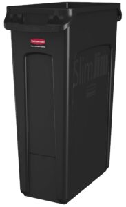 rubbermaid commercial products slim jim plastic rectangular trash/garbage can with venting channels, for kitchen, office, workspace, 23 gallon, black - fg354060bla