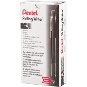 Pentel® Rolling Writer® Pens, Medium Point, 0.8 mm, Black Barrel, Black Ink, Pack Of 12 Pens